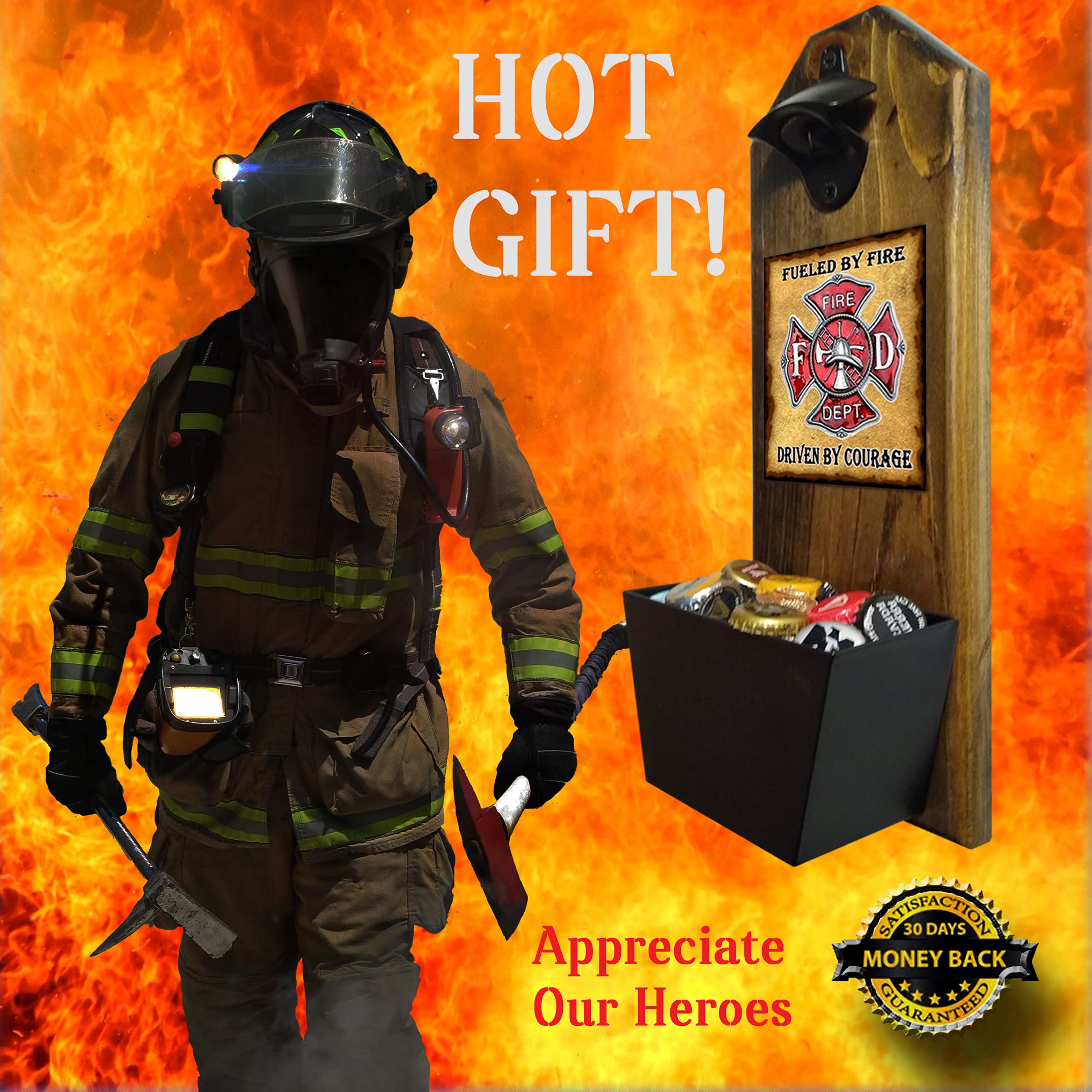 Firefighter Hero Wall Mounted Bottle Opener and Cap Catcher - Handcrafted by a Vet - 100% Solid Pine 3/4" Thick - Rustic Sign and Bottle Opener and Galvanized Bucket - Perfect Reusable Gift