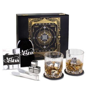 artestia whiskey stones set gift for men | whiskey glass and stones set, 8 granite whiskey rocks chilling stones and 10oz whiskey glasses | whiskey lovers gifts for men, dad, husband, boyfriend