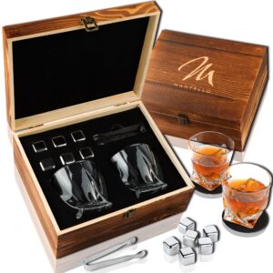 mantello whiskey stones gift set for men - whiskey glass set of 2 with stainless steel whiskey stones - whiskey gifts for men, whisky glasses and whiskey stones rocks