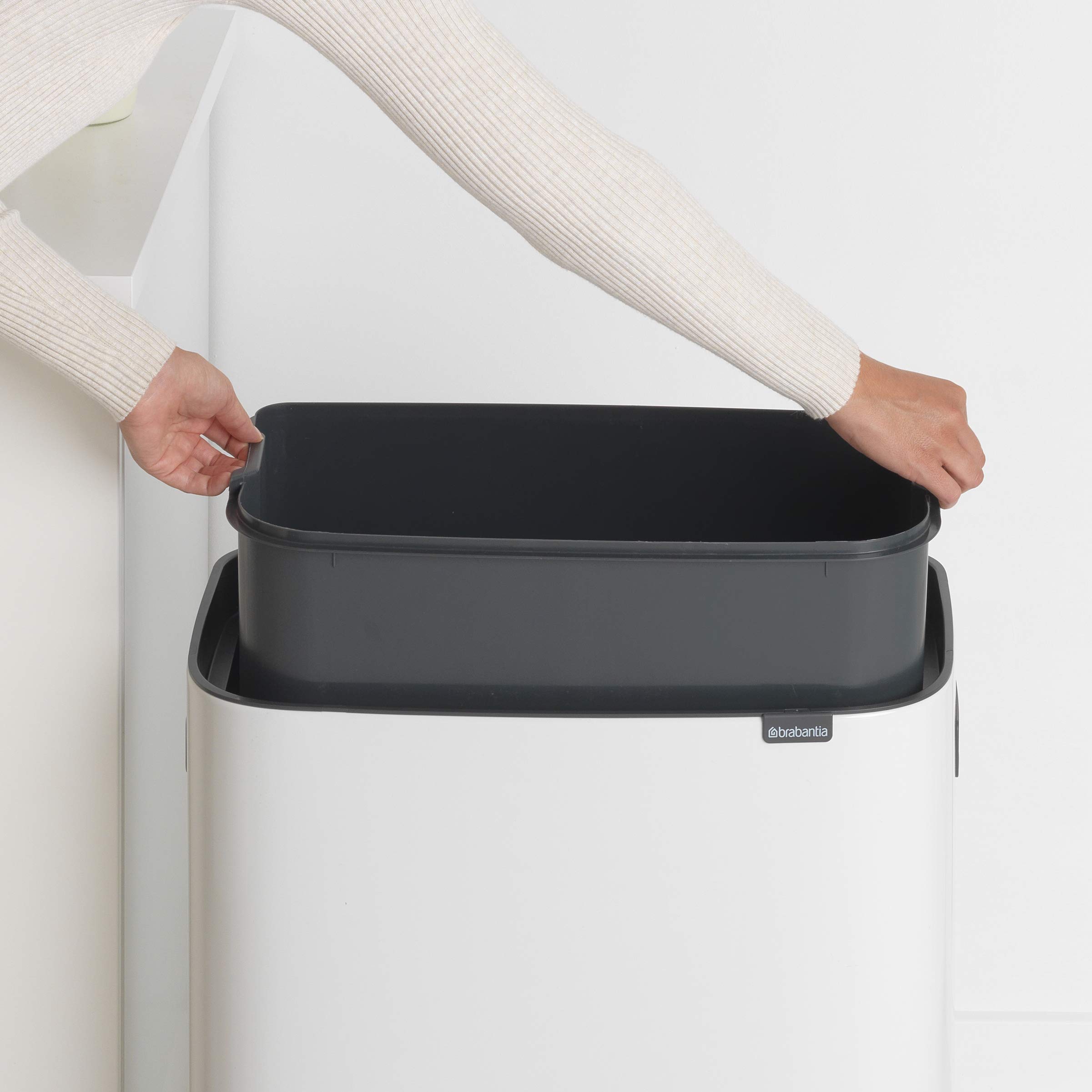 Brabantia Bo Touch Top Trash Can - 1 x 16 Gal Bucket (White) Soft Open/Close Kitchen Garbage & Recycling Can with Removable Compartment