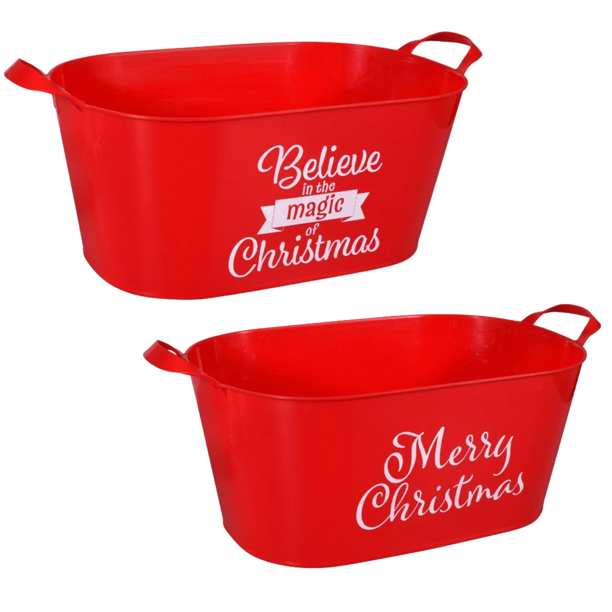 LSM Christmas Sentiment Oval Buckets, Plastic Basket with Handles Decorative Storage Drink Cooler Party Beverages Candies Vegetable Toys Bucket for Kitchen & Cabinet Organizer Set of 2 with Oggetto