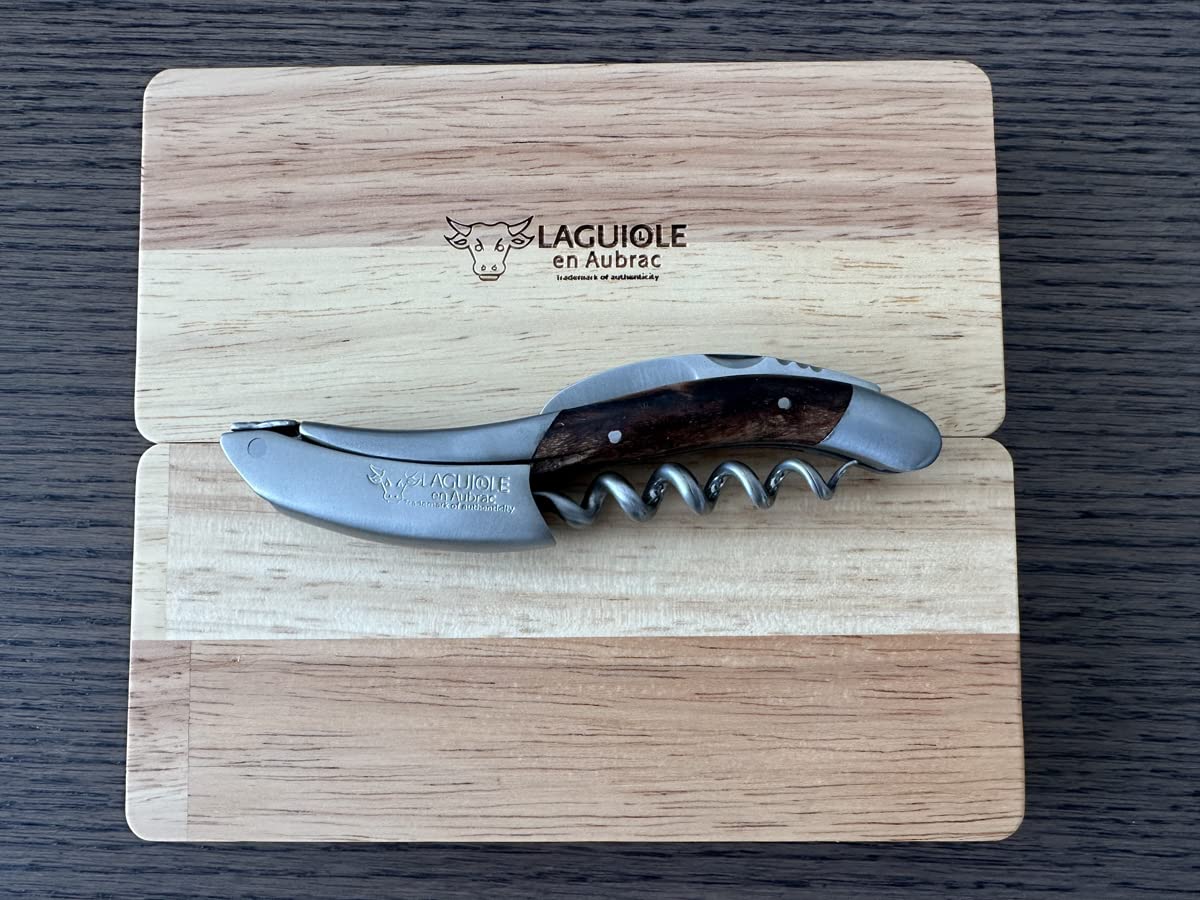 Laguiole En Aubrac Sommelier Waiter's Corkscrew, Grapevine Wood Handle, Wine Opener With Foil Cutter & Bottle Opener, Stainless Steel Brushed Bolsters