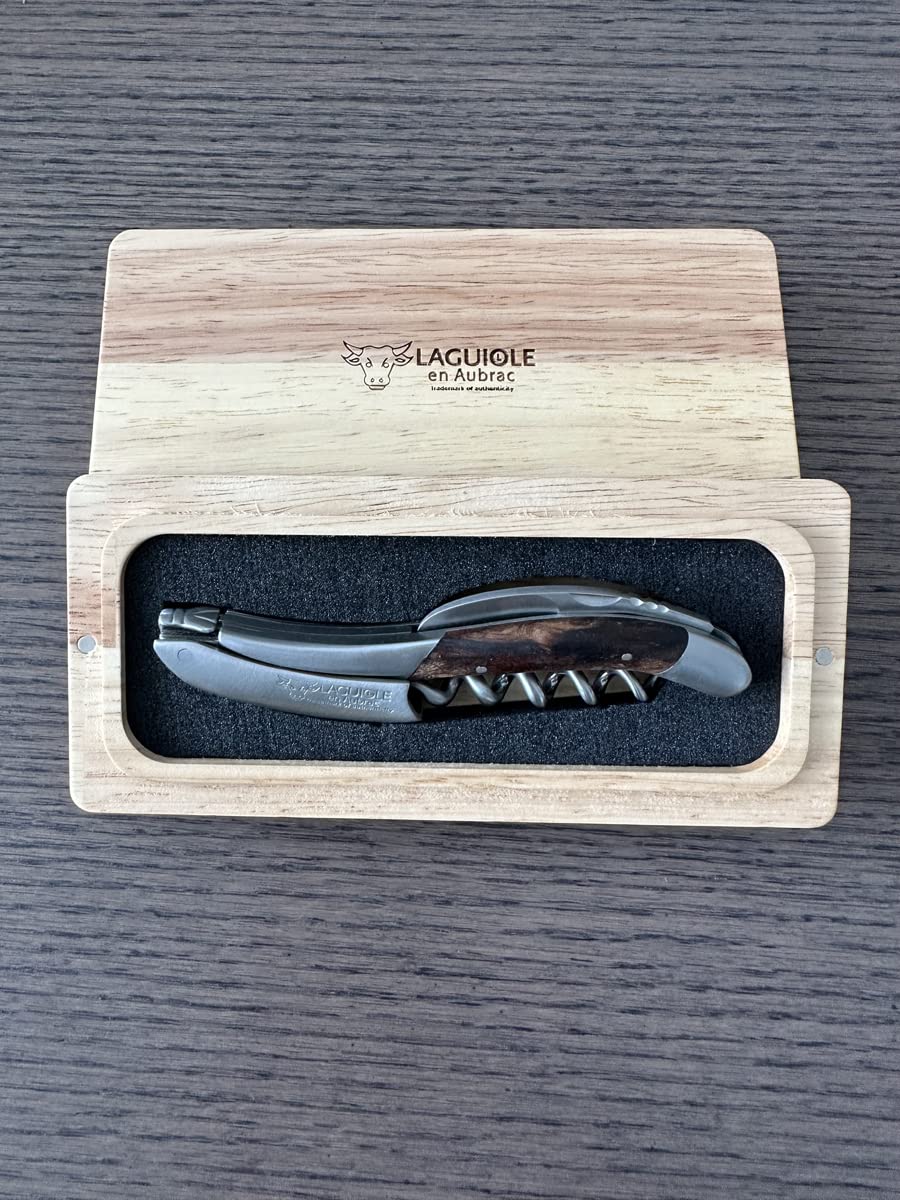 Laguiole En Aubrac Sommelier Waiter's Corkscrew, Grapevine Wood Handle, Wine Opener With Foil Cutter & Bottle Opener, Stainless Steel Brushed Bolsters