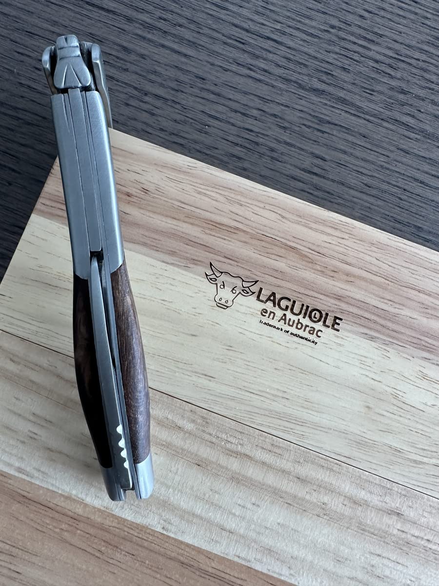 Laguiole En Aubrac Sommelier Waiter's Corkscrew, Grapevine Wood Handle, Wine Opener With Foil Cutter & Bottle Opener, Stainless Steel Brushed Bolsters