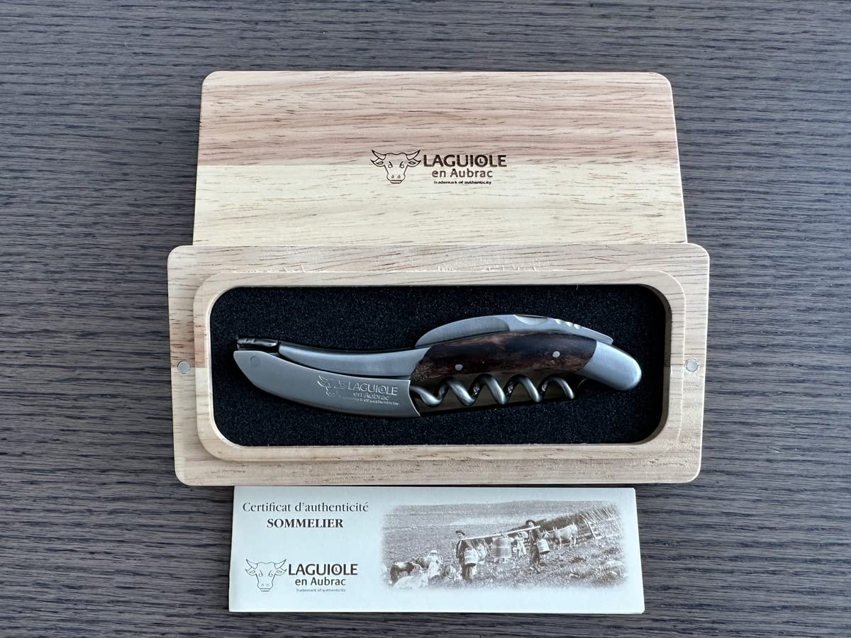 Laguiole En Aubrac Sommelier Waiter's Corkscrew, Grapevine Wood Handle, Wine Opener With Foil Cutter & Bottle Opener, Stainless Steel Brushed Bolsters