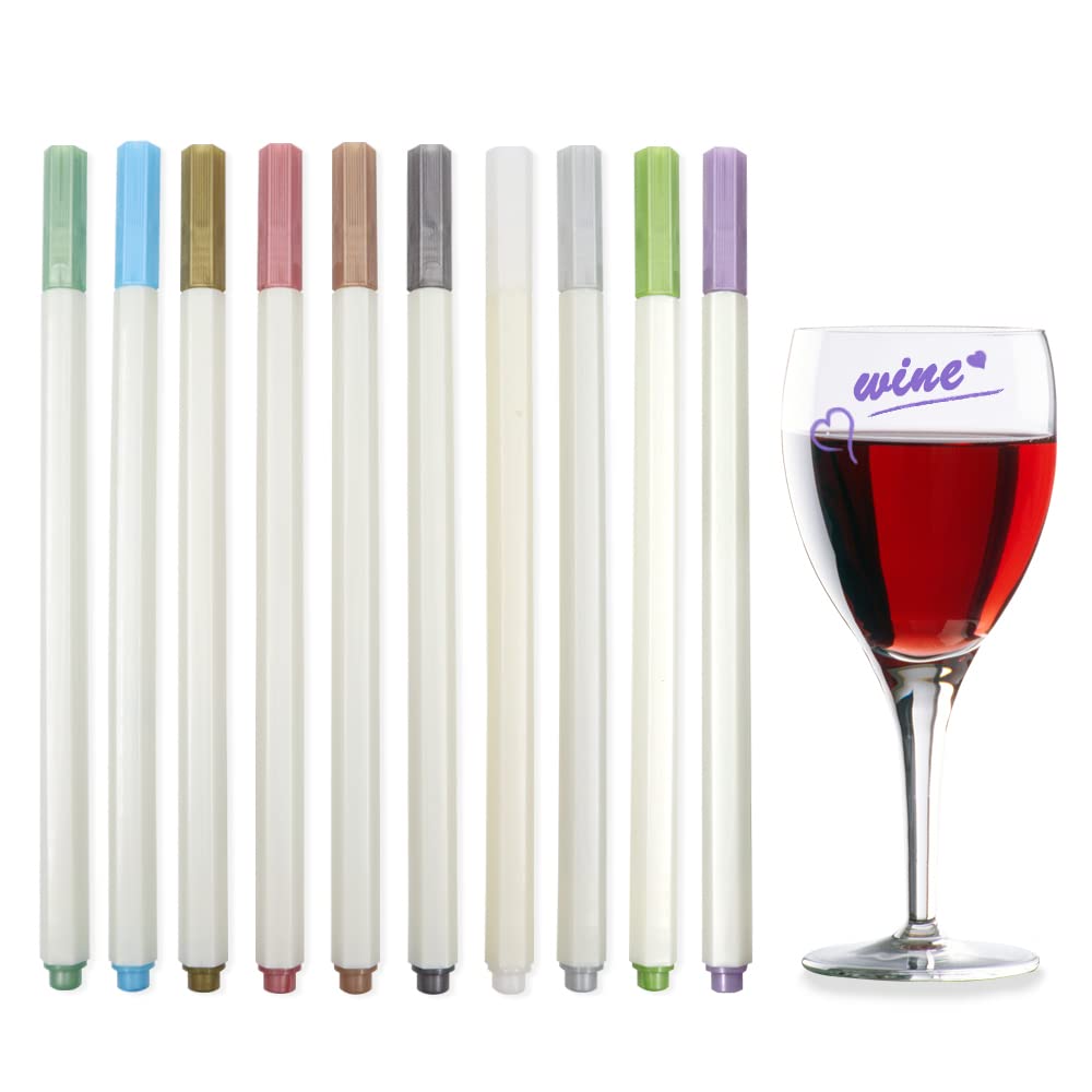 Chihutown 10 Pieces Wine Glass Markers, Metallic Wine Glass Pens, Wine Glass Wet Erase Markers for Weddings, Banquets, Parties