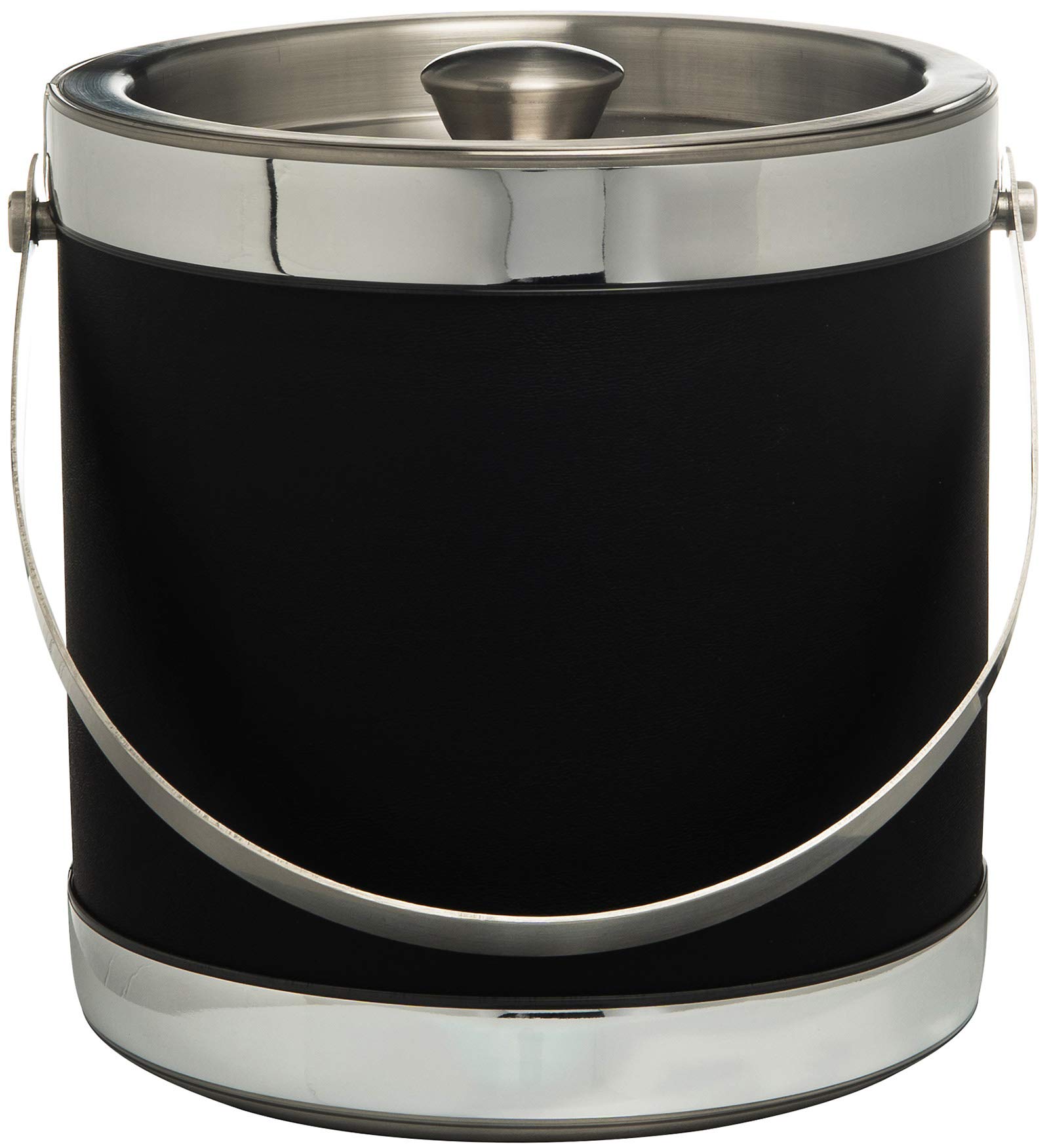 Hand Made In USA Black Wrap Double Walled 3-Quart Insulated Ice Bucket With Ice Tongs (Leatherette Collection)