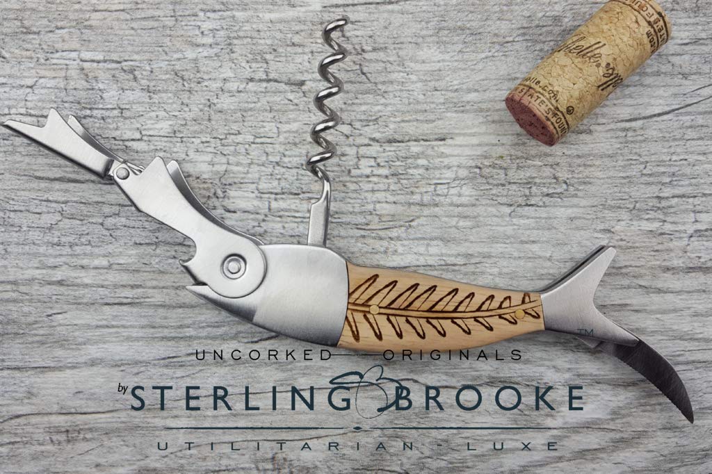 Sterling Brooke Wine Key, Stainless Steel with Wooden Handle Bones Design, Serrated Foil Cutter