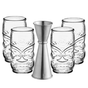 pack of 4 tiki glasses 13 oz. with 1 oz. & 2 oz. stainless steel japanese jigger for bartending - unique glasses for cocktail, juice, lemonade, water (set of 4 glassware + 1 japanese jigger)