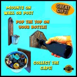 Tops Off, Bottoms Up! Vintage Peekaboo Wall Mounted Bottle Opener and Cap Catcher - Made of 100% - 3/4" thick Solid Pine, Rustic Cast Iron Bottle Opener and Galvanized Bucket - Father's Day Gift