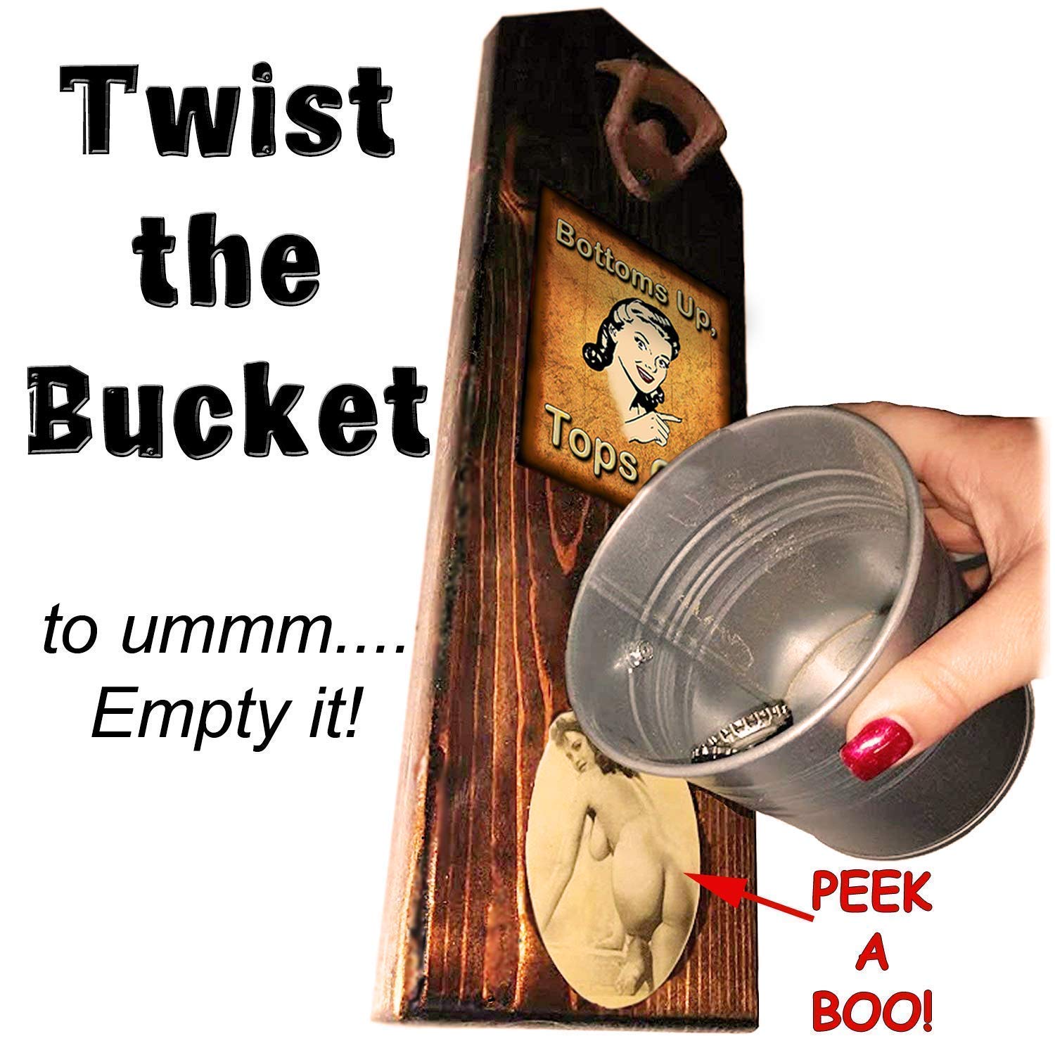 Tops Off, Bottoms Up! Vintage Peekaboo Wall Mounted Bottle Opener and Cap Catcher - Made of 100% - 3/4" thick Solid Pine, Rustic Cast Iron Bottle Opener and Galvanized Bucket - Father's Day Gift