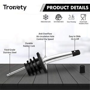 Trovety Black Liquor Bottle Dispenser Spouts – Speed Pours for Alcohol, Olive Oil and Shave Ice Syrup – Rustproof Stainless Steel with Dust Caps (2)