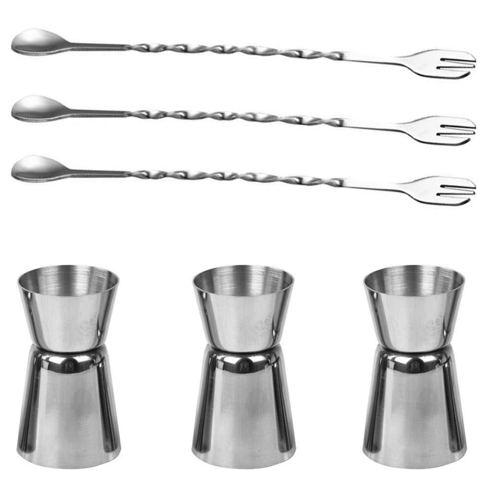 3 Pieces Double Jiggers&3 Pieces Stainless Steel Mixing Spoons, SourceTon 0.5/1 oz. Cocktail Bar Jiggers and 10 Inches Mixing Spoon with Garnish Fork Tip