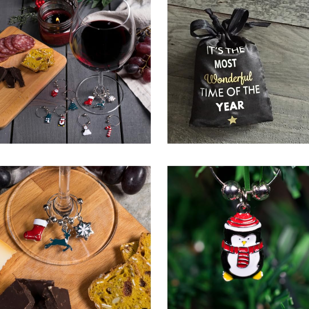 Cork & Leaf Christmas Holiday Wine Glass Charms - Festive Drink Markers for Your Celebrations, Stocking Stuffers & Gifts -Set of 9