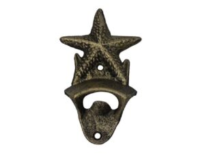 hampton nautical rustic gold cast iron wall mounted starfish bottle opener 6" - starfish decoration - starfish wall decor