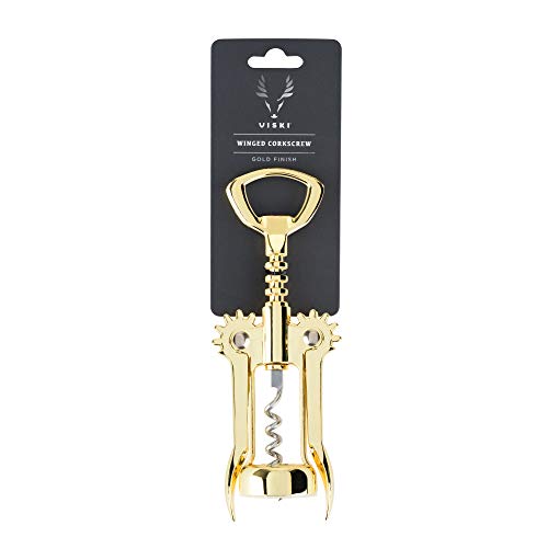 Viski Winged Corkscrew Wine Bottle Opener, Gold Plated Finish, Non-stick Coated Worm, 9.25"