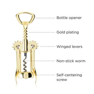 Viski Winged Corkscrew Wine Bottle Opener, Gold Plated Finish, Non-stick Coated Worm, 9.25"