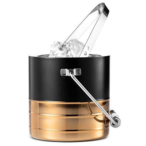 Mitbak Doubled Walled Ice Bucket with Ice Tongs | Sleek Insulated Stainless Steel Ice Holder Will Keep Ice Cubes Frozen for Hours | Elegant Kitchen and Bar Accessories | 1.5L (Black/Copper)