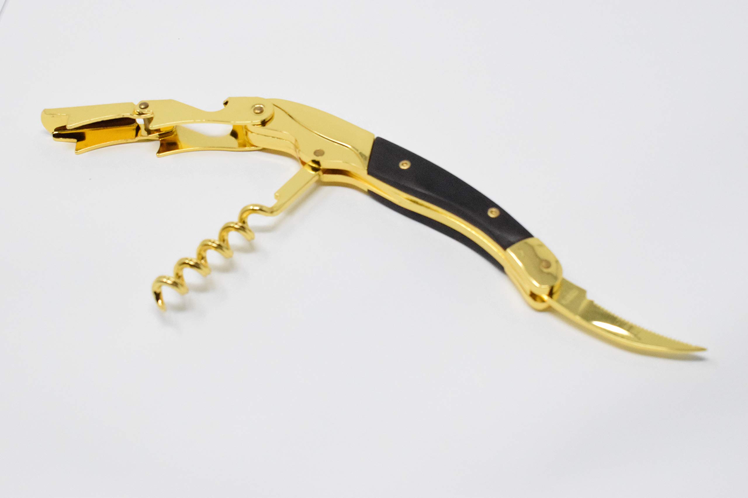 Gold and Black Corkscrew Wood Handle Double Hinge Waiters Wine Bottle Opener