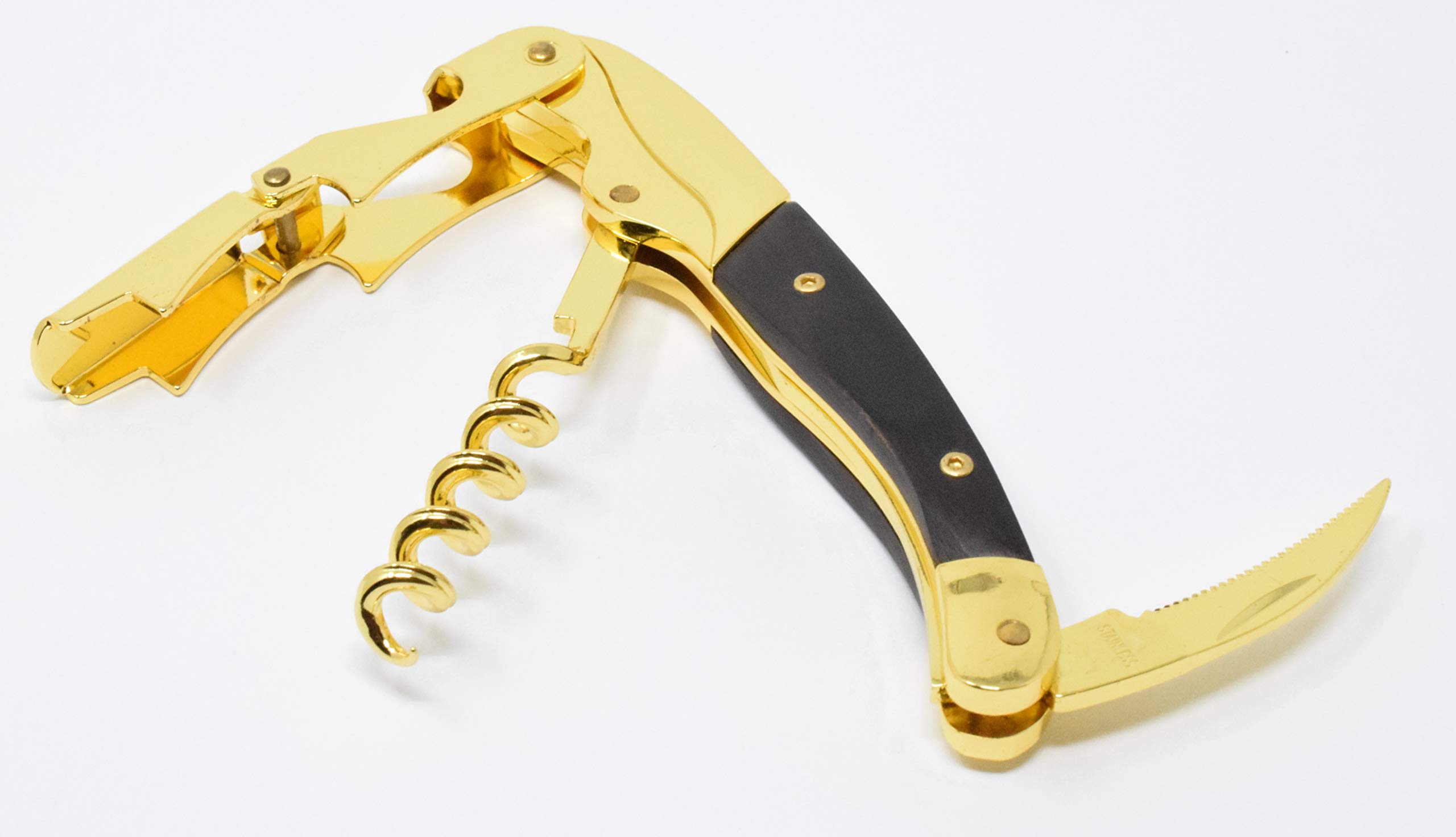 Gold and Black Corkscrew Wood Handle Double Hinge Waiters Wine Bottle Opener