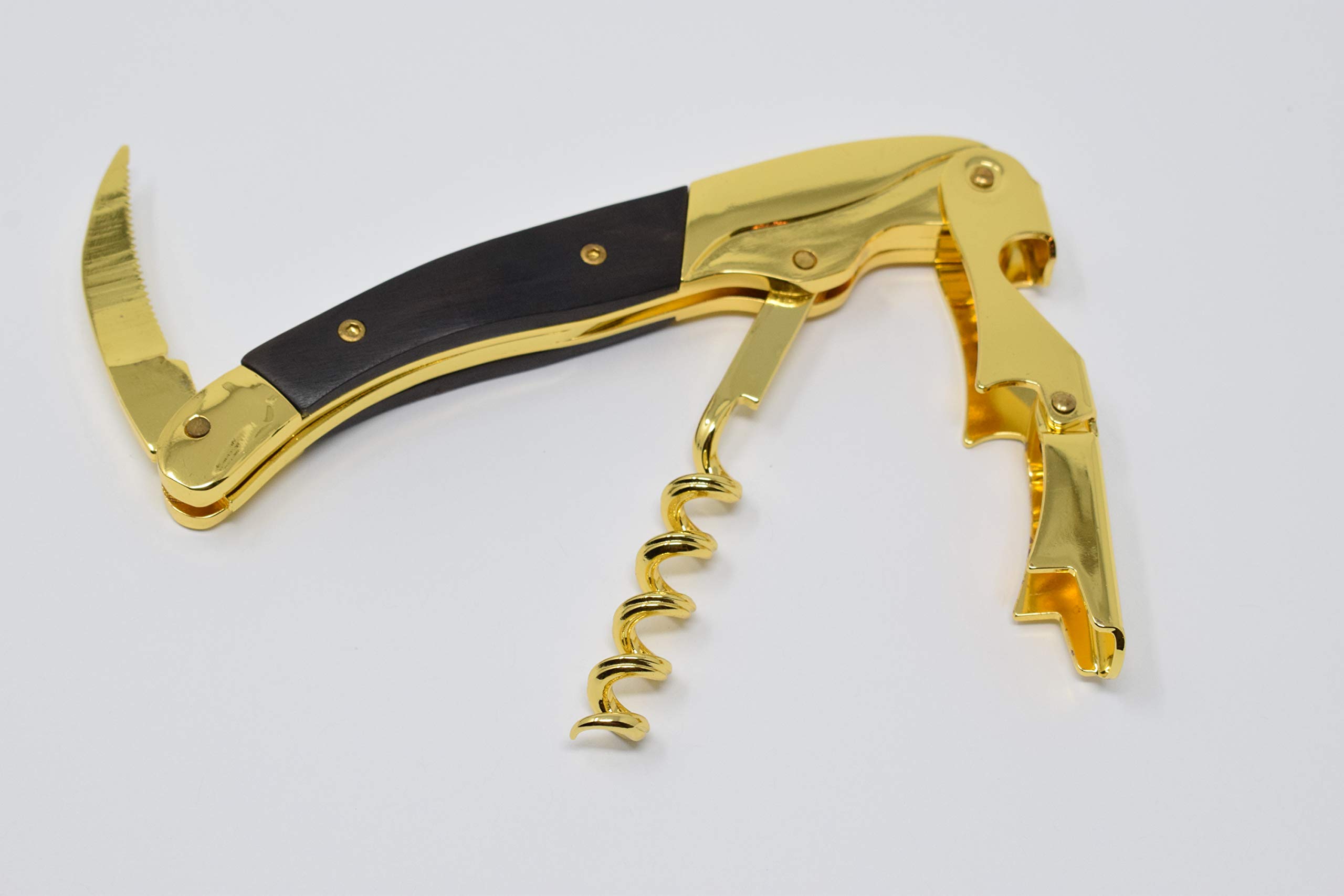 Gold and Black Corkscrew Wood Handle Double Hinge Waiters Wine Bottle Opener