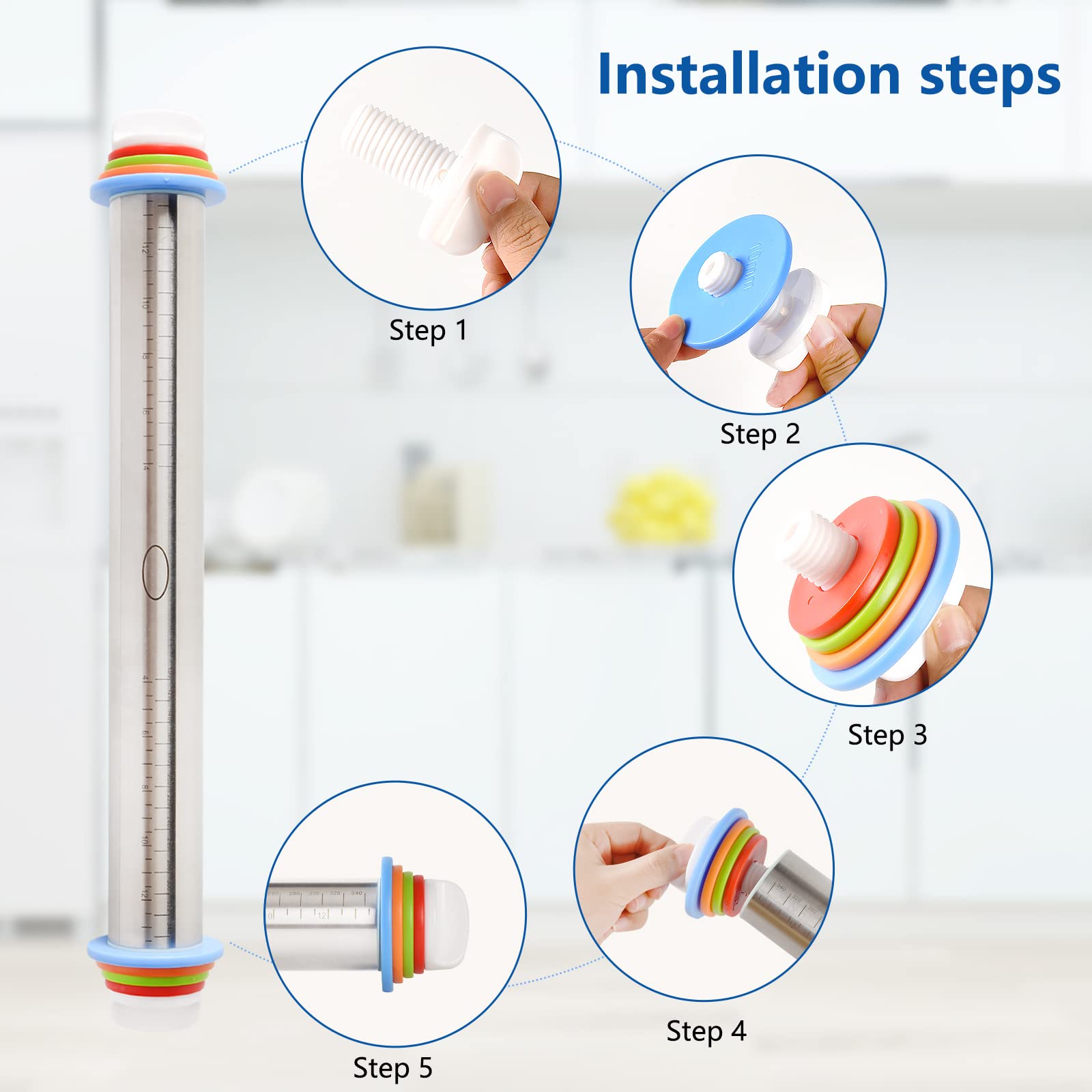 Adjustable Rolling Pin With 4 Thickness Rings, Stainless Steel Dough Roller Pizza Roller Handle Press Design With Measurement Guide For Baking, Fondant, Pizza, Pie Crust, Cookie