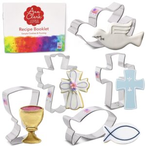 communion baptism confirmation easter cookie cutters 5-pc. set made in the usa by ann clark, chalice, jesus fish, holy cross, dove, fancy cross