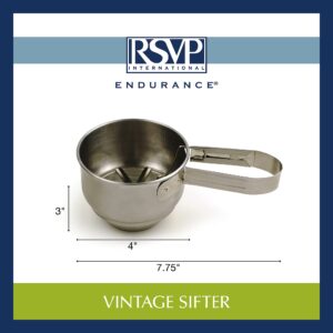 RSVP International Endurance® Stainless Steel Vintage One-Hand Sifter, 1 Cup | Top Cakes, Sift Flour, Marinade BBQ & More | Dishwasher Safe | Powder Sugar, Sift Flour, Spread Toppings & More