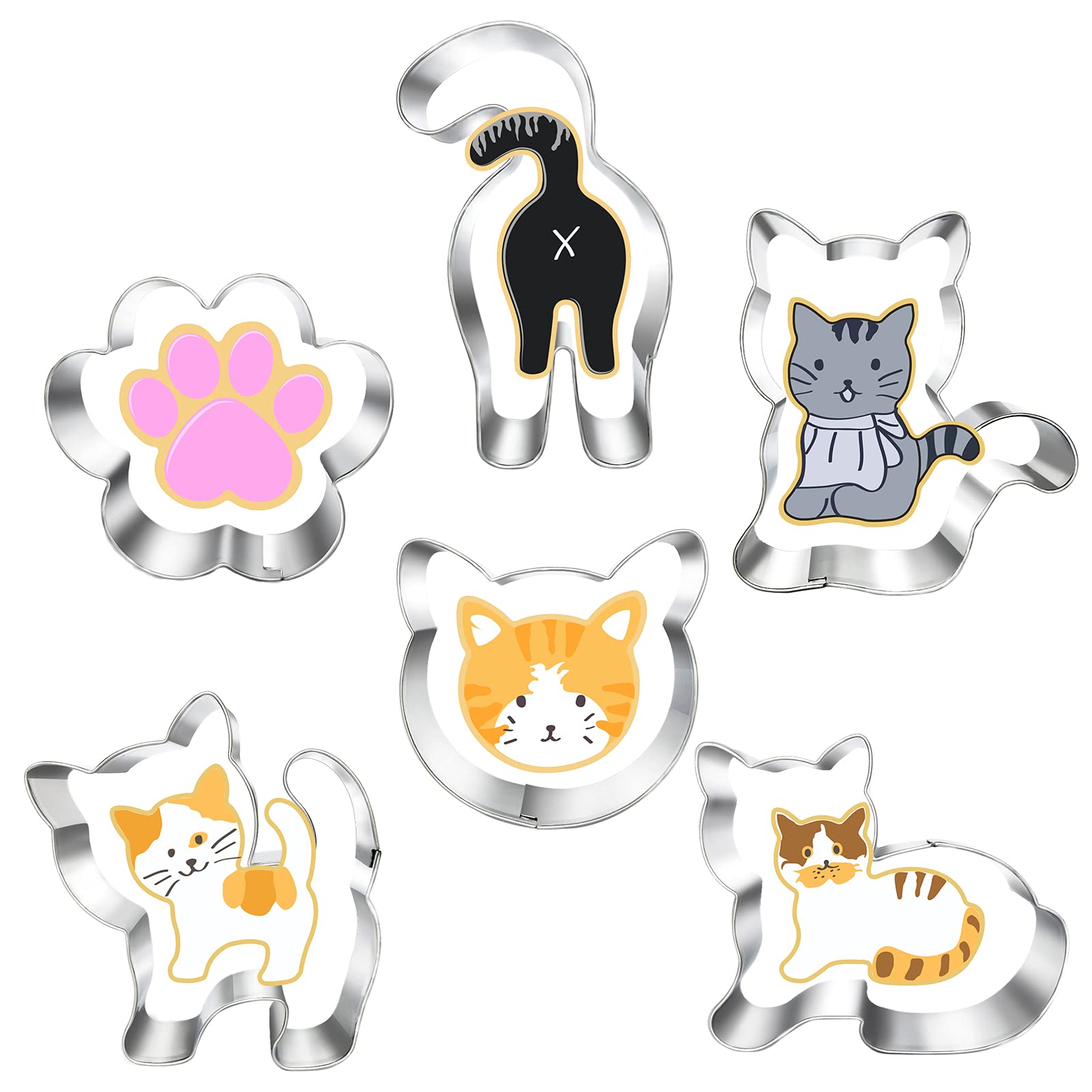 LUBTOSMN Kitty Cat Cookie Cutter Set-6 Piece-Cat Face, Kitty Butt, Kitty Cat Paw and 3 Cute Shapes Kitty Cat Body Cookie Cutters Molds for Kitty Cat Themed Party