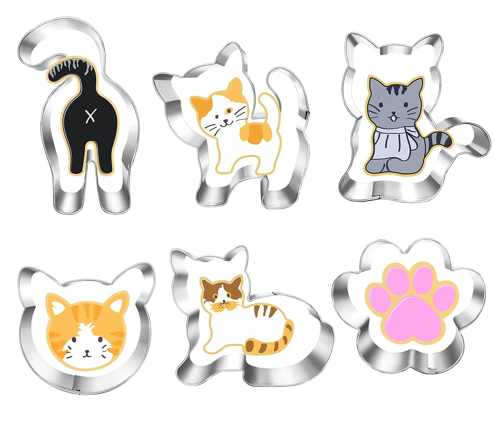 LUBTOSMN Kitty Cat Cookie Cutter Set-6 Piece-Cat Face, Kitty Butt, Kitty Cat Paw and 3 Cute Shapes Kitty Cat Body Cookie Cutters Molds for Kitty Cat Themed Party