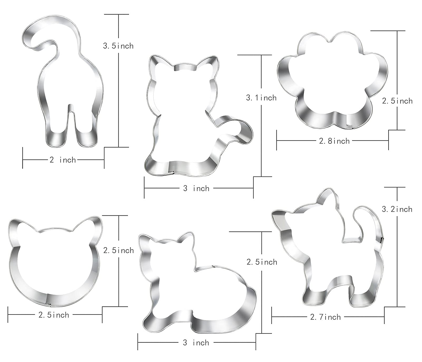 LUBTOSMN Kitty Cat Cookie Cutter Set-6 Piece-Cat Face, Kitty Butt, Kitty Cat Paw and 3 Cute Shapes Kitty Cat Body Cookie Cutters Molds for Kitty Cat Themed Party