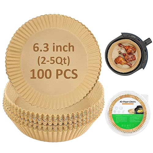 Air Fryer Liners 100PC, Disposable Air Fryer Paper Liners, Small Paper Liners for Air Fryer Basket, Non-stick, Water Oil-proof, Bowl-Shape Liner for Microwave, Non-Stick Air Fryer Liners Round 6.3Inch