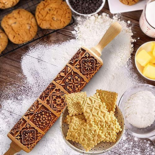 Cookie Stamp Roller Press Biscuit Maker Wooden with Vintage and Traditional Pattern Kitchen Tools Making Funny Food for Kids(Vintage pattern)