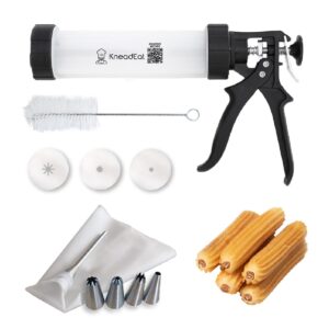 kneadeat churro maker professional churrera - churros gun kit set. includes a piping bag with a large needle. qr e-recipe included (gun 1lb)