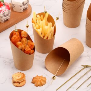 500 Pcs Disposable Charcuterie Cups with Cocktail Picks Set, 100 Pcs 12 oz Kraft Brown Appetizer Cups French Fry Holder Popcorn Ice Cream Paper Cones for Food Containers with 400 Pcs Bamboo Skewers