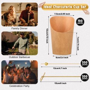 500 Pcs Disposable Charcuterie Cups with Cocktail Picks Set, 100 Pcs 12 oz Kraft Brown Appetizer Cups French Fry Holder Popcorn Ice Cream Paper Cones for Food Containers with 400 Pcs Bamboo Skewers