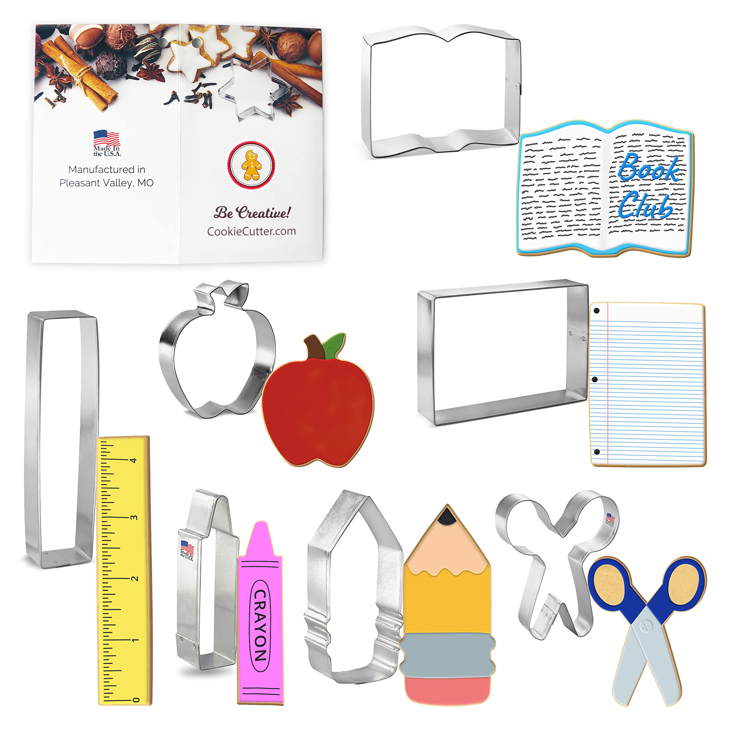 Foose Brand Back To School Teacher Appreciation Cookie Cutter 7 Pc Set –School Book, Ruler, Crayon, Scissors, Rectangle, apple, and pencil Cookie Cutters Hand Made in the USA from Tin Plated Steel