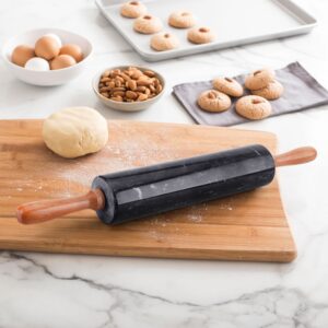 Flexzion Black Marble Rolling Pin, 10-inch with Wooden Handle and Holder Base Stand, Marble Rolling Pin for Baking Pastry Pizza Dough Roller Fondant Cookie Pie Crust Pasta Bakery Roller Pin