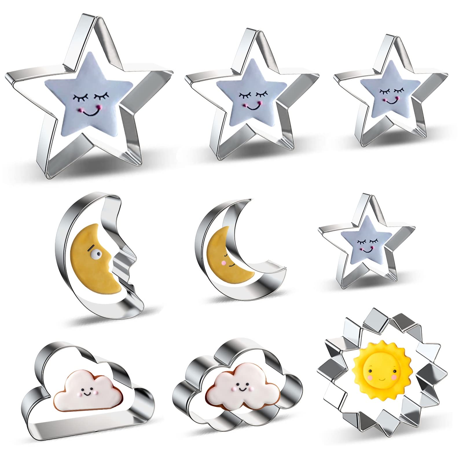 Star, Moon, Cloud and Sun Cookie Cutters 9 Piece Set - Twinkle Twinkle Little Star Celestial Night Sky Cookie Cutter Biscuit Mold for Kids Baby Shower Birthday Party Decoration - 4 Inch 3 Inch 2 Inch