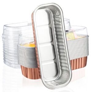 eusoar disposable aluminum ramekins, 25pcs 6.8oz 6.5"x2.5"x1.2" foil baking cups pan with lids，rectangle cupcake containers wrappers, dessert cheesecake creme brulee ramekins pan-rose gold