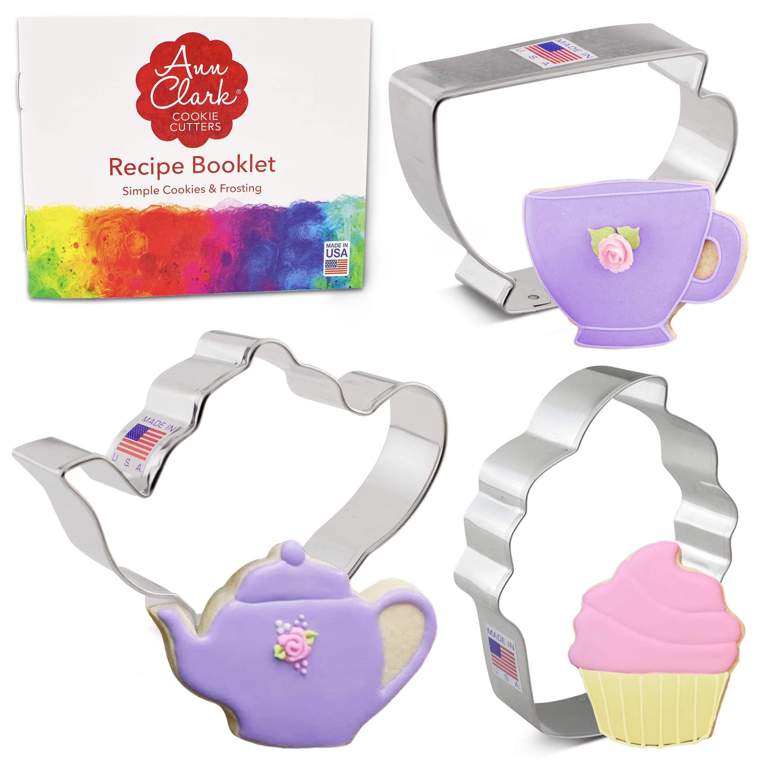 Tea Party Cookie Cutters 3-Pc. Set Made in the USA by Ann Clark, Teapot, Teacup, Cupcake