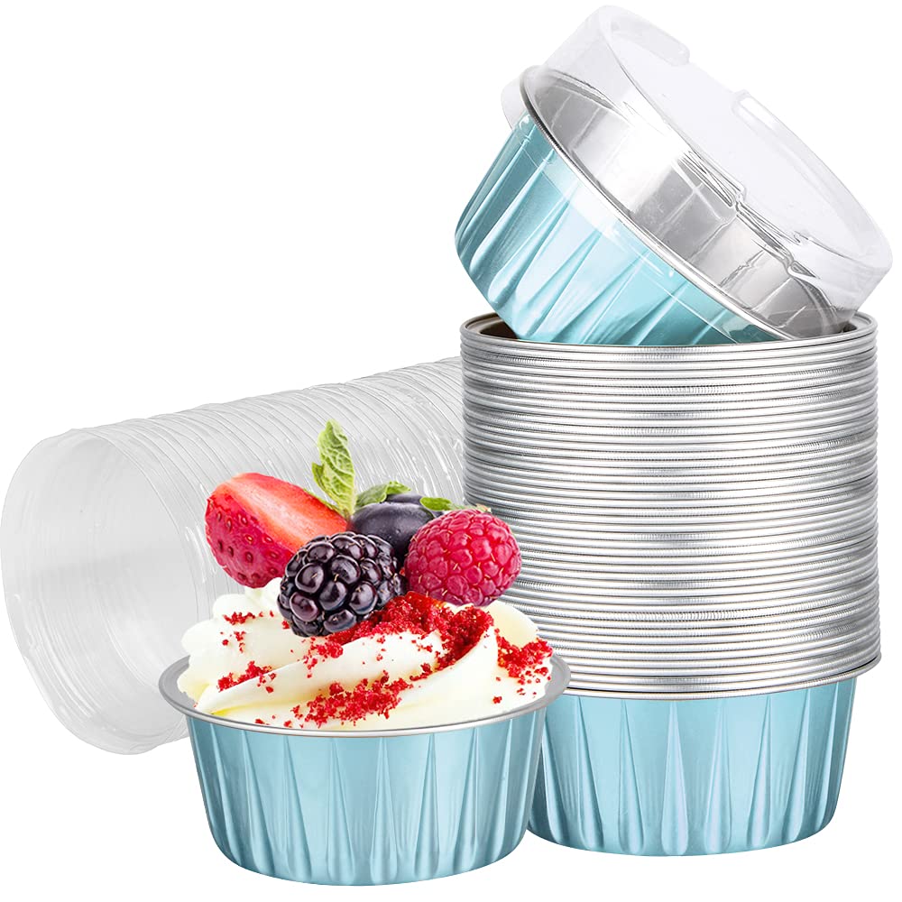 Baking Cups with Lids, 100 PCS 5oz Blue Aluminum Foil Baking dessert containers, Clear Pudding Cups for Wedding,Christmas,Kitchen,Birthday Party,Various Holiday Parties