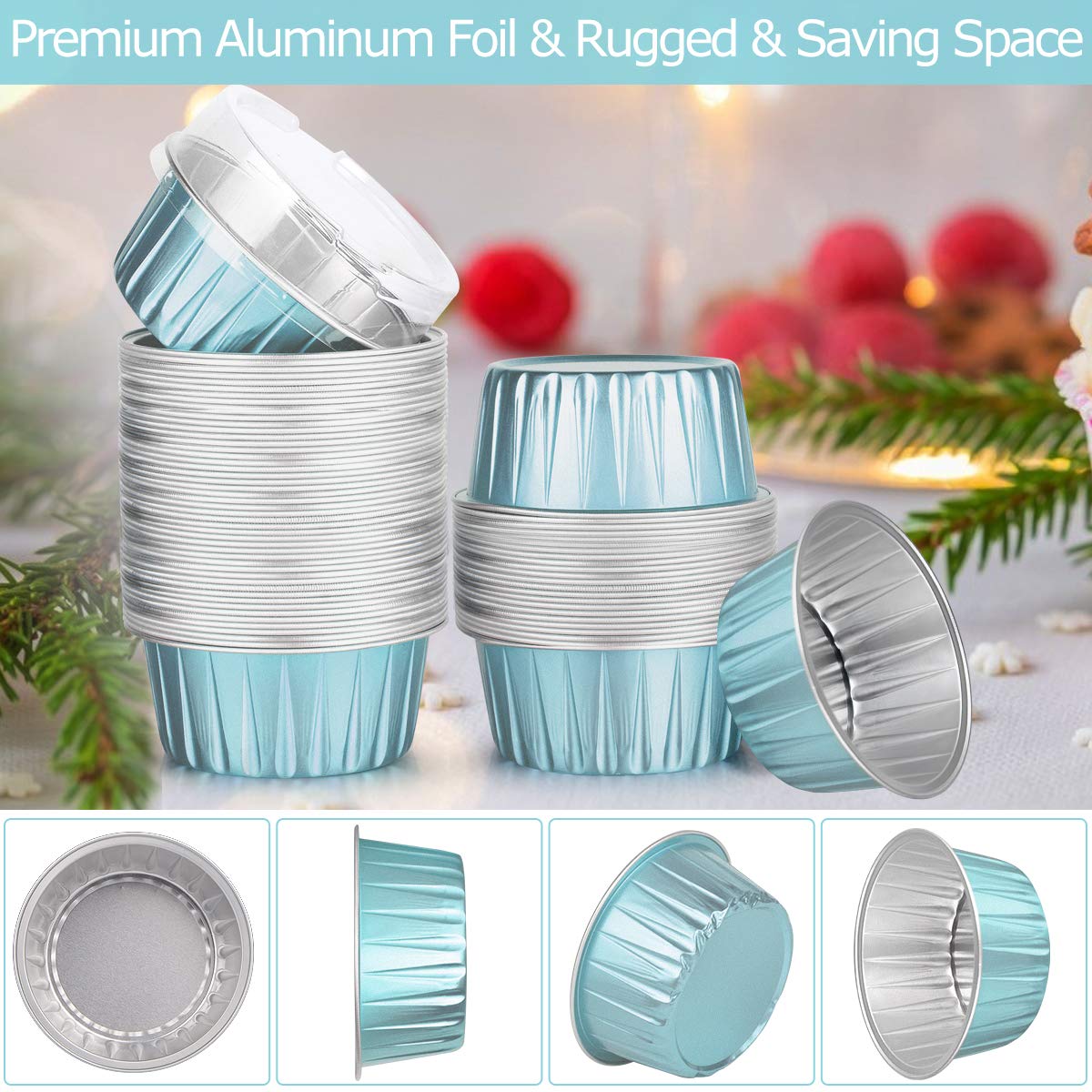 Baking Cups with Lids, 100 PCS 5oz Blue Aluminum Foil Baking dessert containers, Clear Pudding Cups for Wedding,Christmas,Kitchen,Birthday Party,Various Holiday Parties