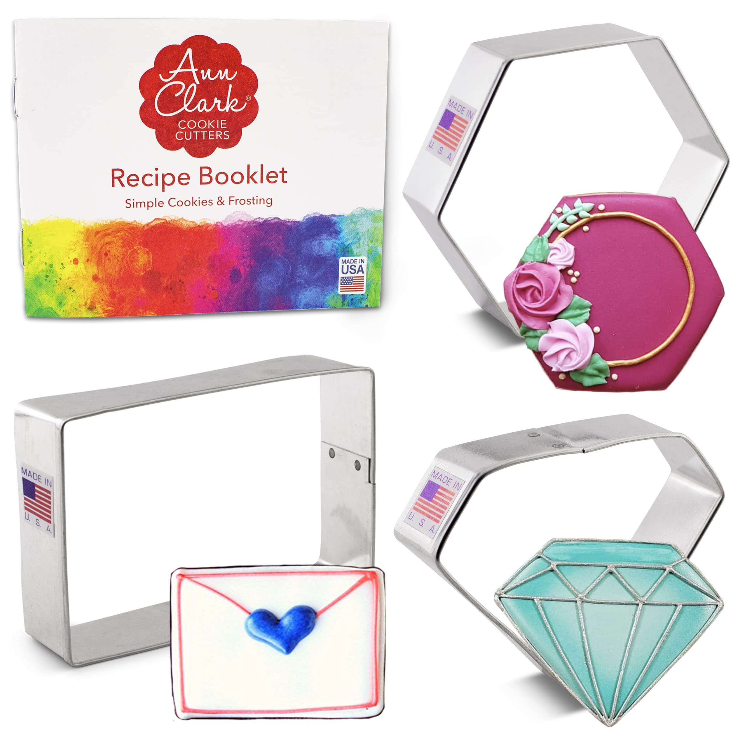 Geometric Shapes Cookie Cutters 3-Pc. Set Made in the USA by Ann Clark, Rectangle, Hexagon, Gem