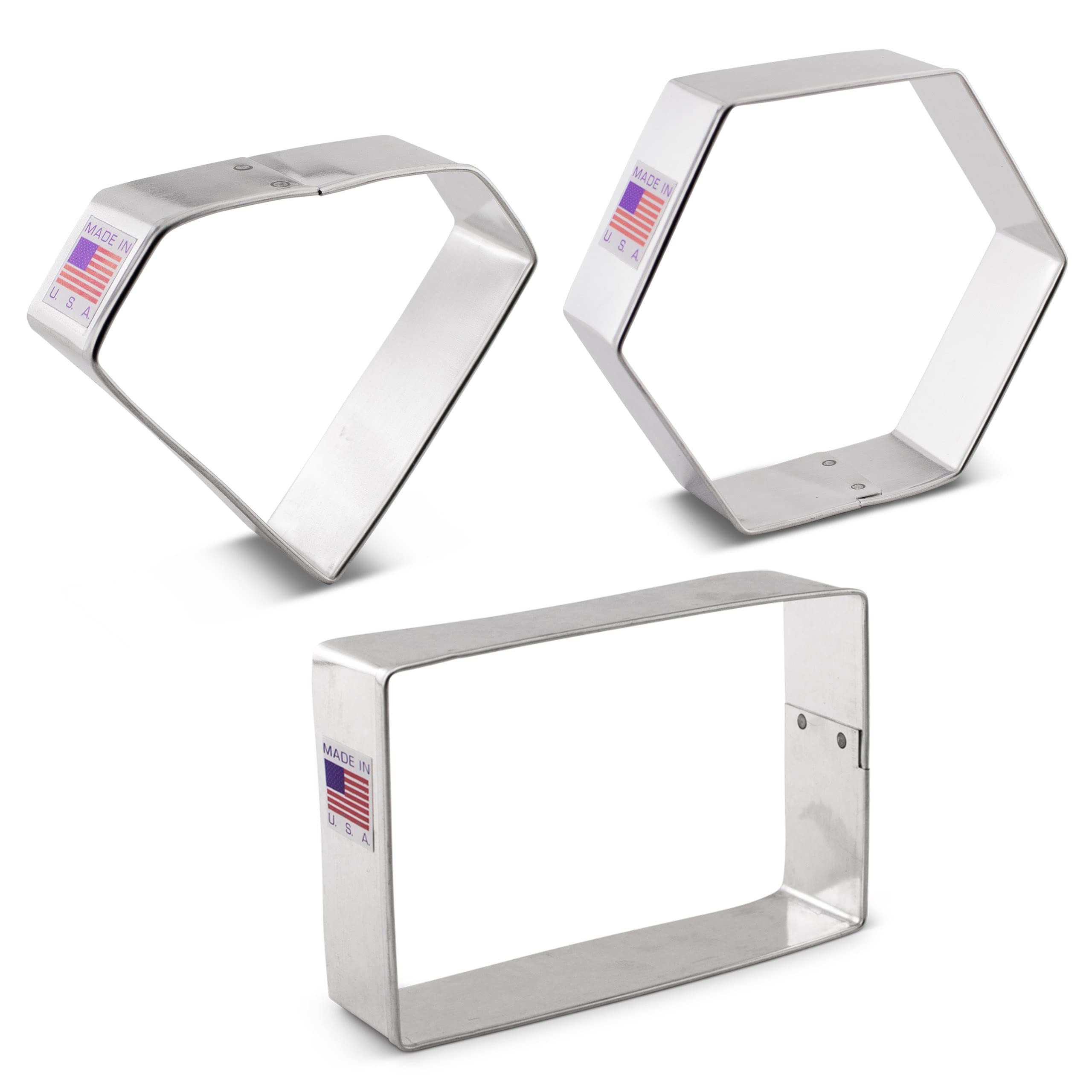 Geometric Shapes Cookie Cutters 3-Pc. Set Made in the USA by Ann Clark, Rectangle, Hexagon, Gem