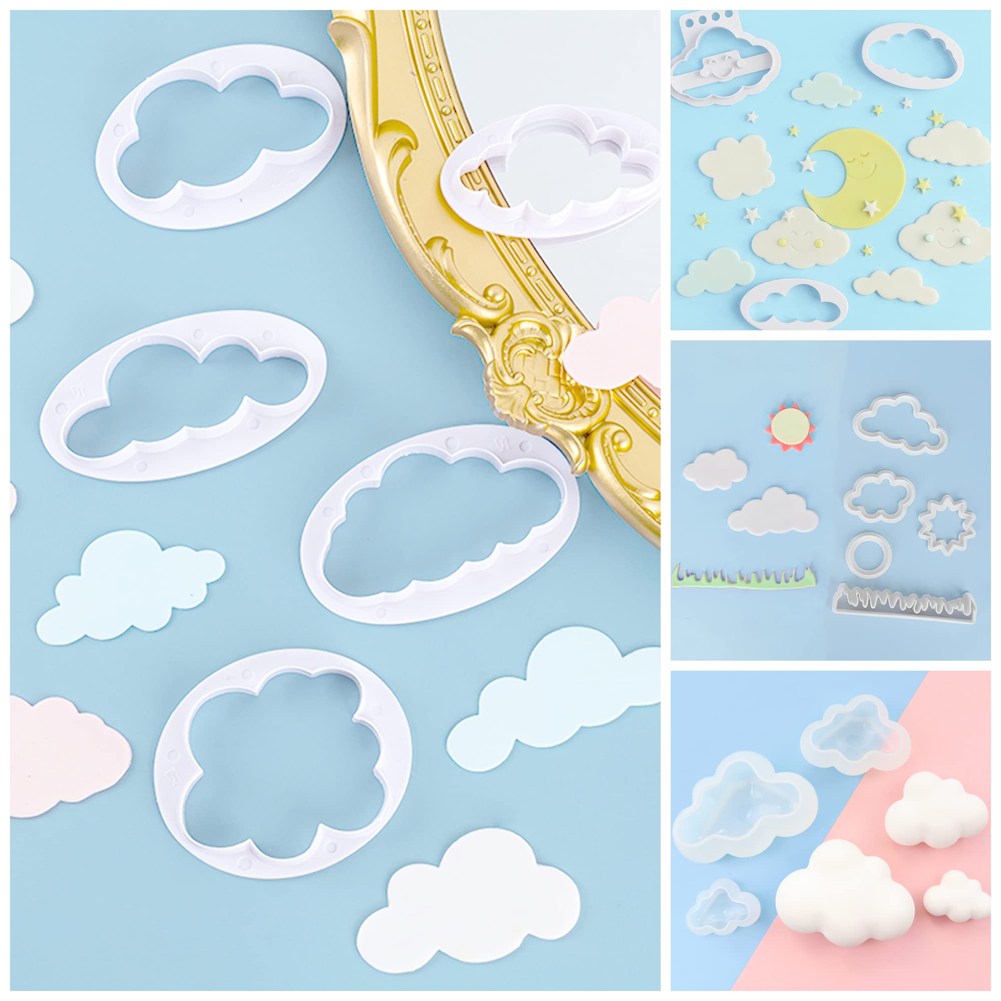 14 Pieces Cloud Shape Mold Set, 11 Pieces Cloud Cookie Cutters and 3 Pieces 3D Cloud Silicone Molds Fondant Cloud Cutter Cake Mold Fondant Cutter (Cloud)