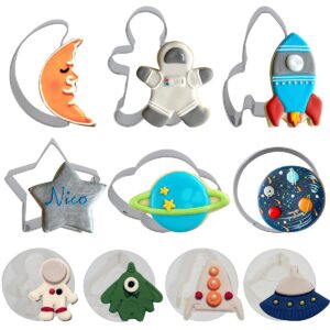 Space Cookie Cutters, Outer Space Fondant Stamper Set, Spaceship Astronaut Rocket Moon Star Planet Circle Pastry Biscuit Cake Baking Mold for Party Supplies