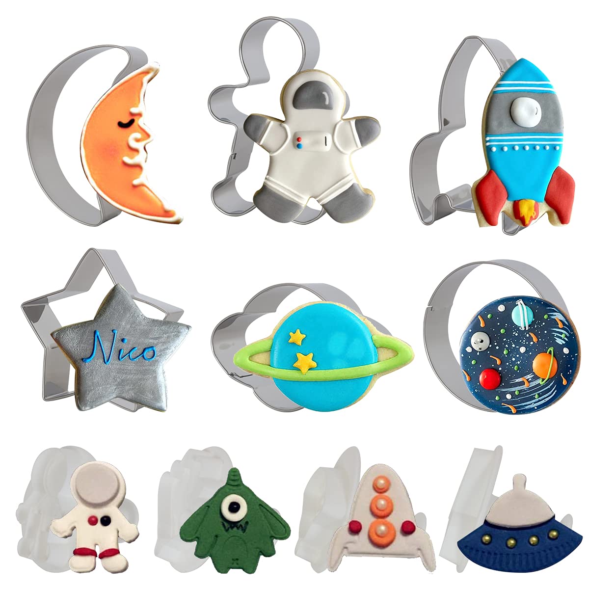 Space Cookie Cutters, Outer Space Fondant Stamper Set, Spaceship Astronaut Rocket Moon Star Planet Circle Pastry Biscuit Cake Baking Mold for Party Supplies