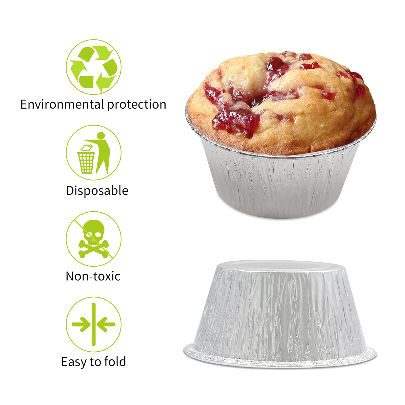 Aluminum Foil Baking Cups, 200 Pack Disposable 4 Oz Ramekins Aluminum Cupcake Muffin Liners Silver Foil Baking Cups for Cupcake, Muffin, Creme Brulee, Egg Tart, Souffle, Pudding