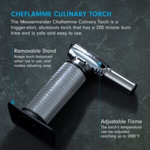 Messermeister Cheflamme Culinary Torch - Up to 2,000 Degrees Fahrenheit & 200 Minute Burn Time - Self-igniting Piezo Ignition - Child-Proof Safety Lock - Fuel Sold Separately